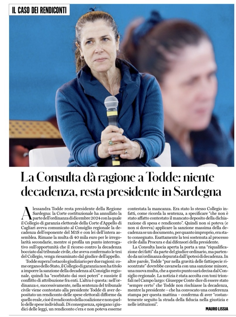 La Consulta dà ragione a Todde: niente decadenza, resta presidente in ...